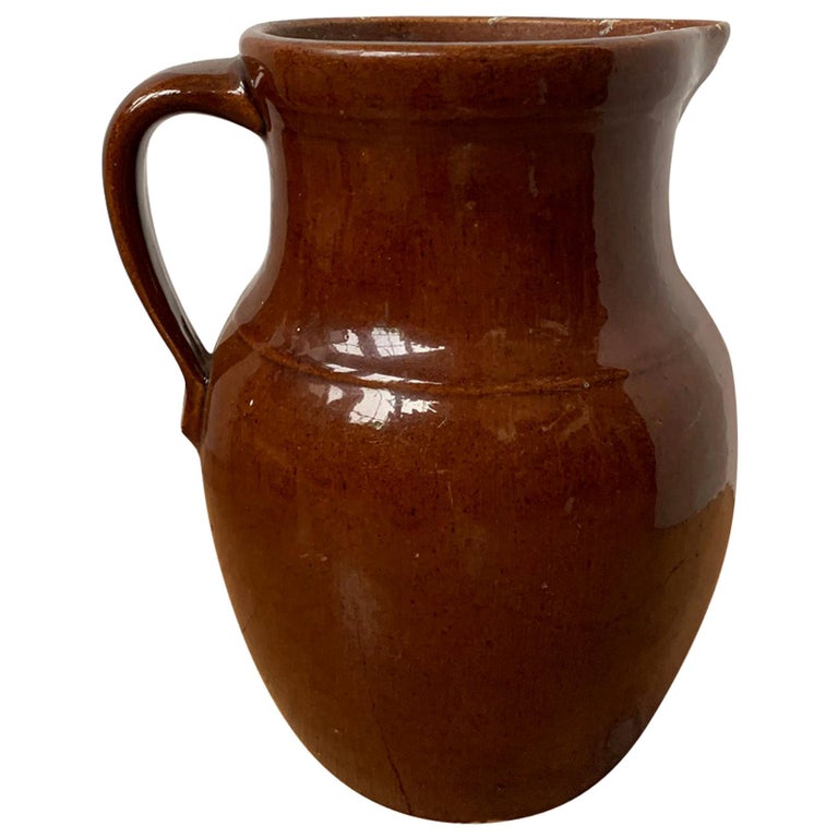 19th Century Glazed Brown Pottery Jug / Pitcher with Handle, Unmarked ...