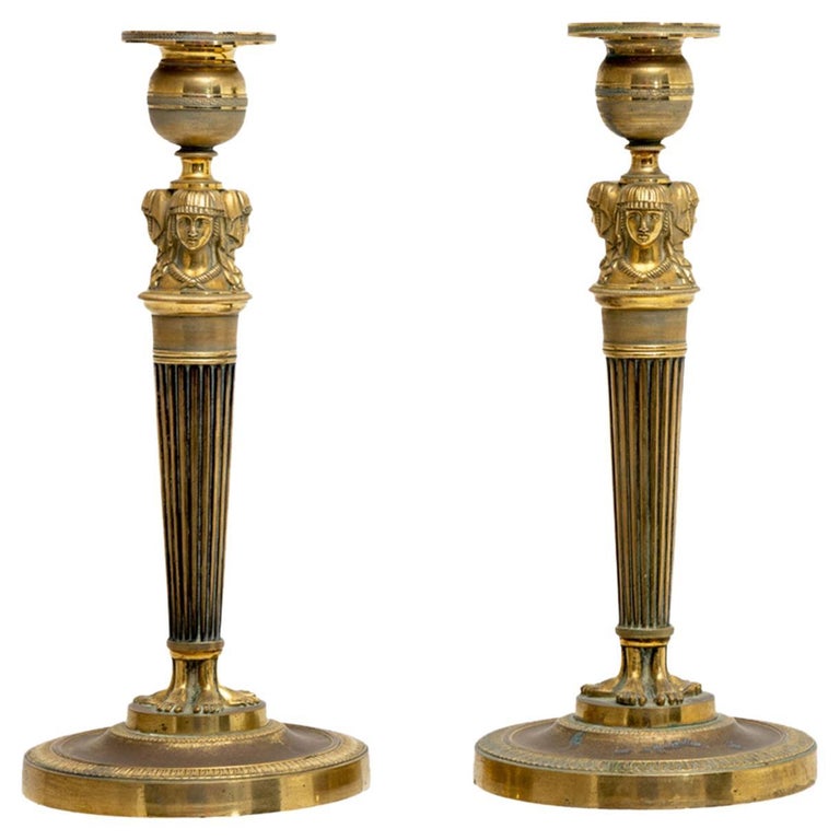 19th Century Gold French Pair of Bronze Candlesticks, Antique Table ...