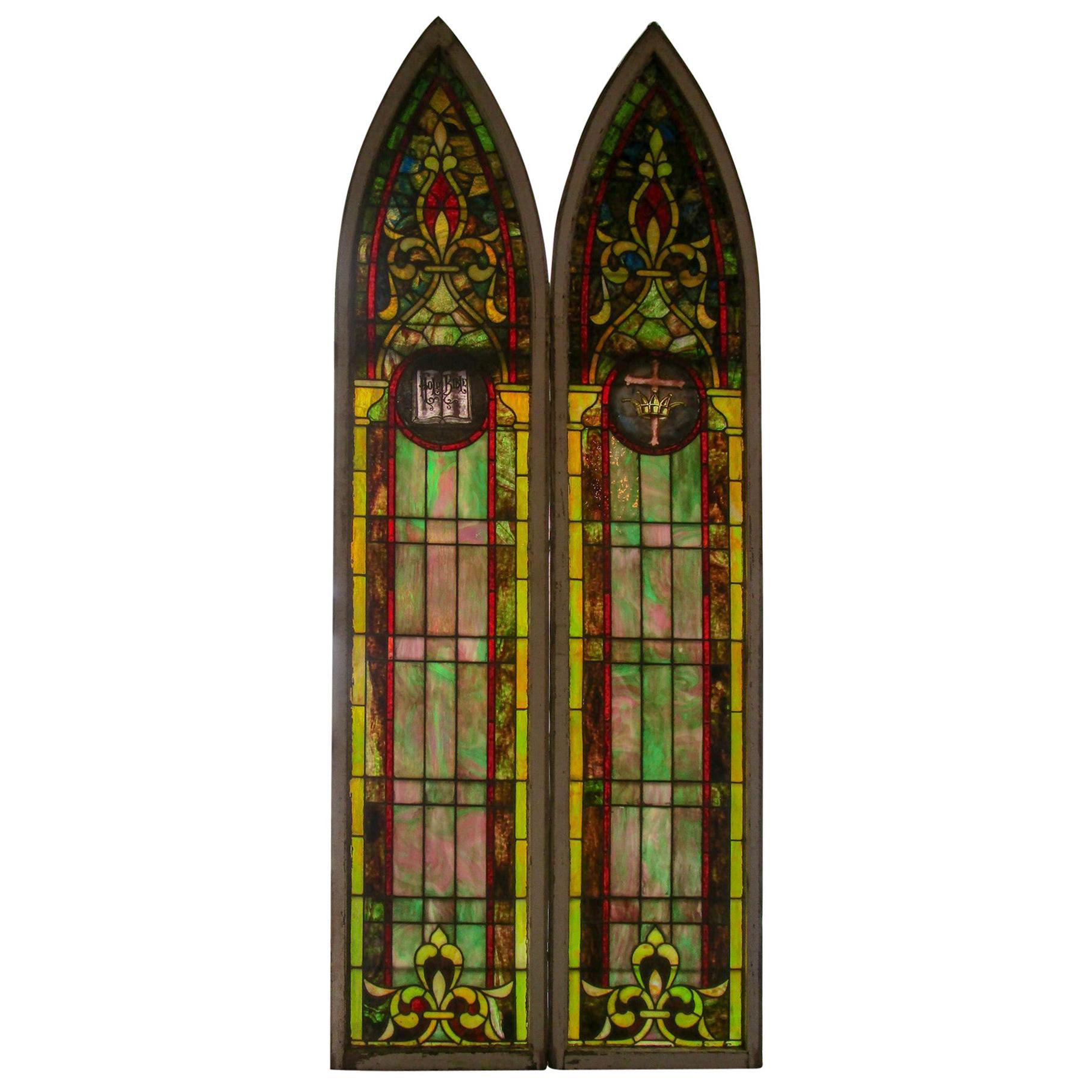 19th Century Gothic Pair Stained Glass Windows of Monumental Size at ...
