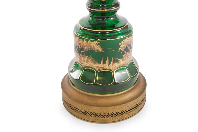 19th Century Green / Gold Moser Glass Pair Lamp For Sale at 1stDibs
