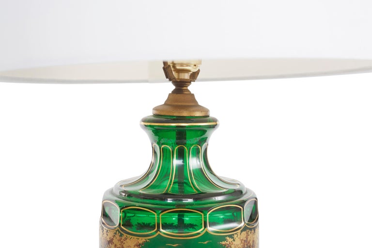 19th Century Green / Gold Moser Glass Pair Lamp For Sale at 1stDibs