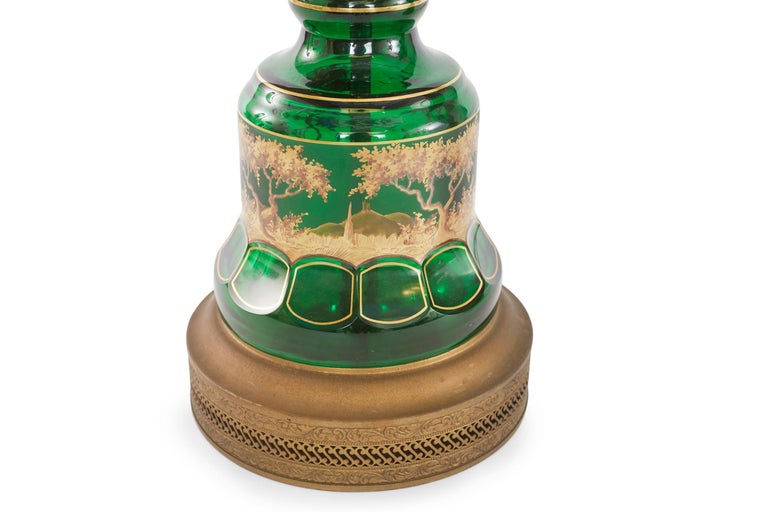 19th Century Green / Gold Moser Glass Pair Lamp For Sale at 1stDibs