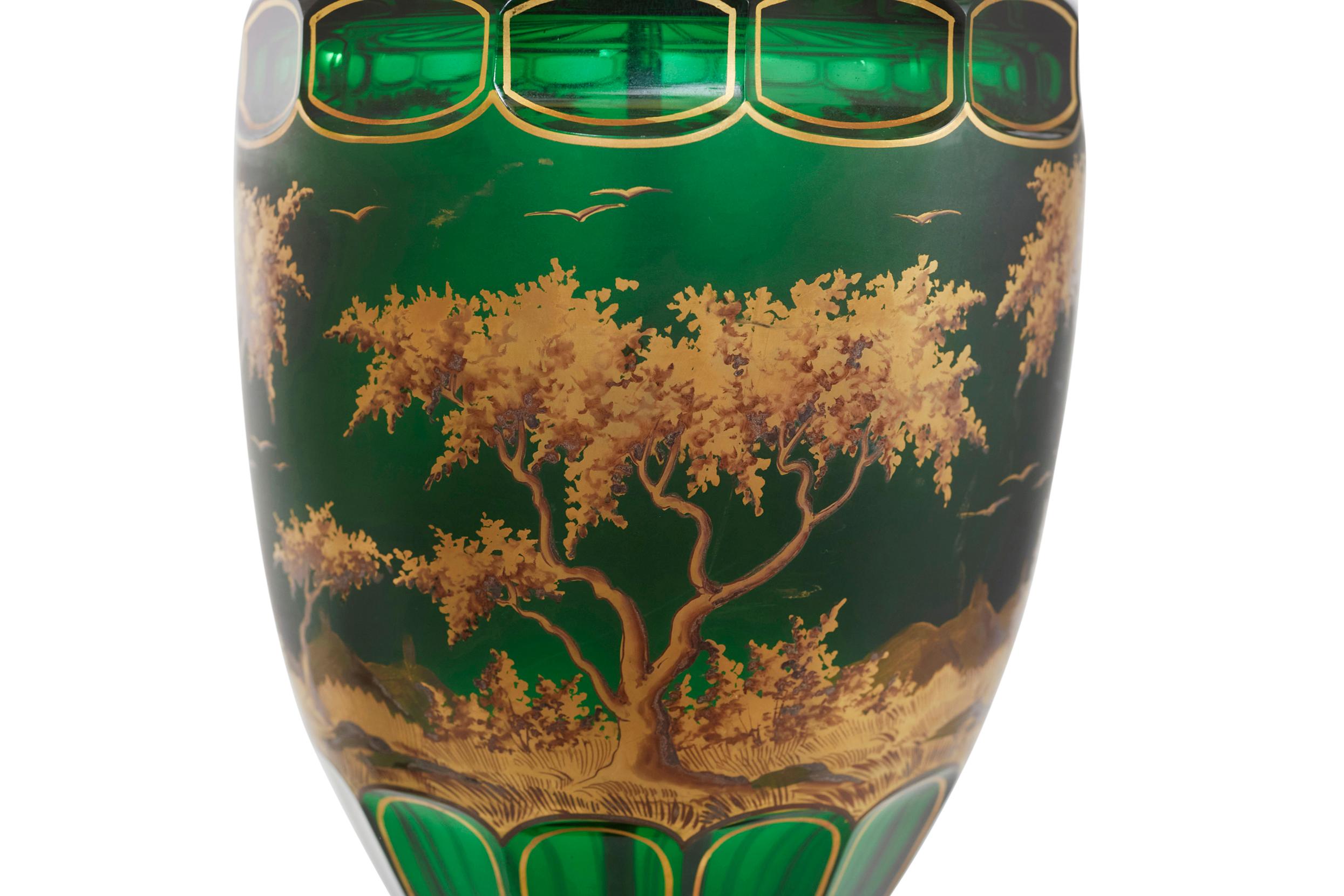 19th Century Green / Gold Moser Glass Pair Lamp For Sale at 1stDibs