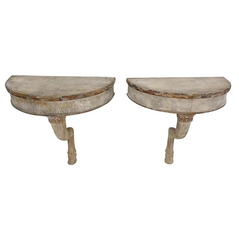 19th Century, Grey Italian Pair of Pinewood Demi-Lune Console Table For ...