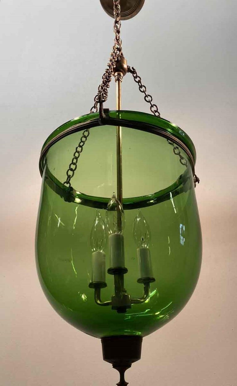 19th Century Hand Blown Green Glass Bell Jar Pendant Light with New ...