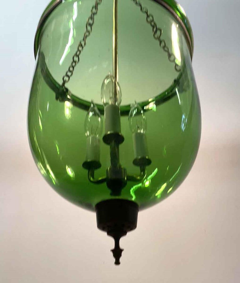19th Century Hand Blown Green Glass Bell Jar Pendant Light with New ...
