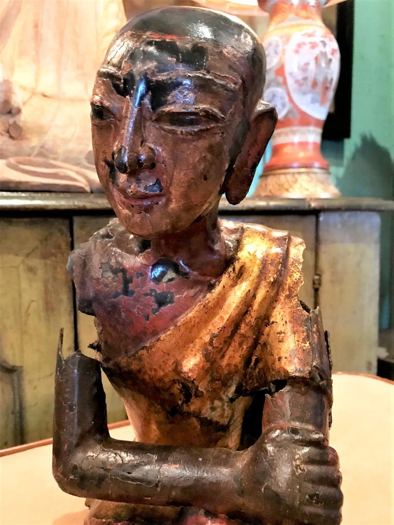 19th C. Hand Carved and Metal Sculpture Seated Buddhist Monk Statue ...