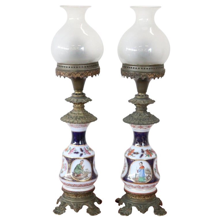 19th Century Hand Painted Ceramic Pair of Antique Oil Table Lamps at ...