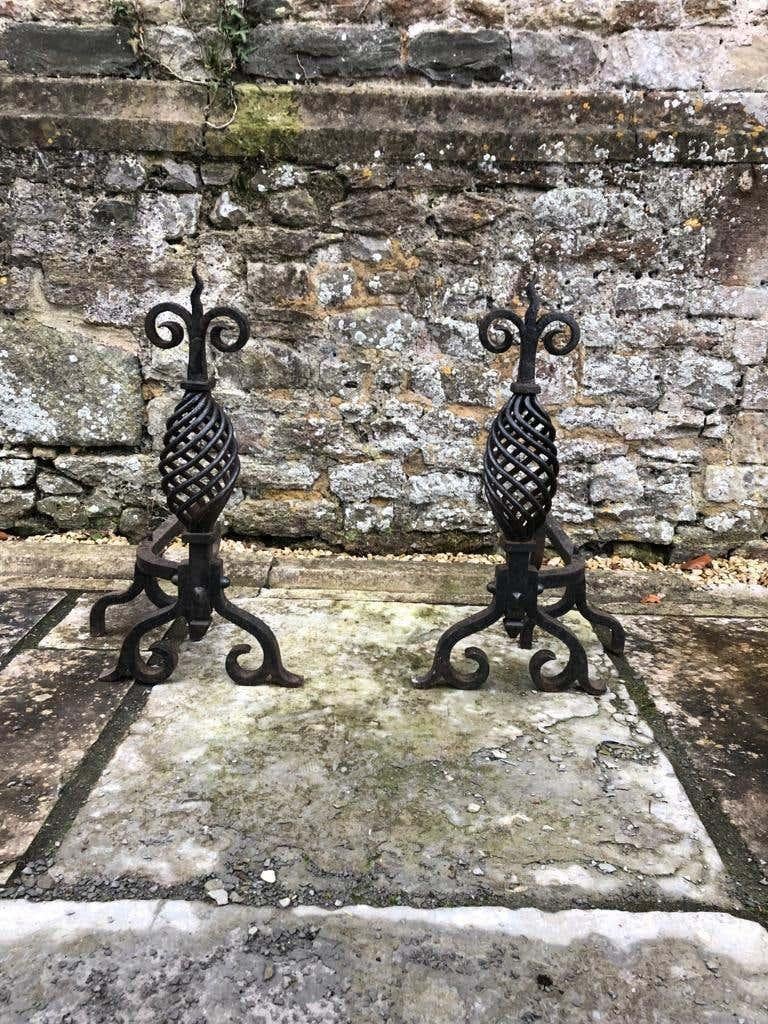 19th Century Handwrought Iron Gothic Fireplace Andirons Firedogs For ...