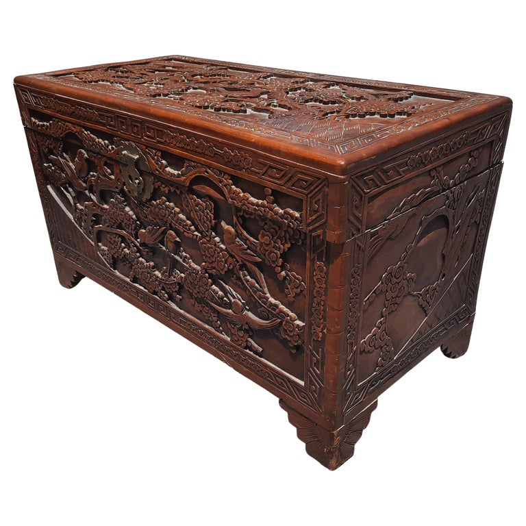 19th Century Heavily Hand Carved Asian Blanket Chest Trunk For Sale at ...