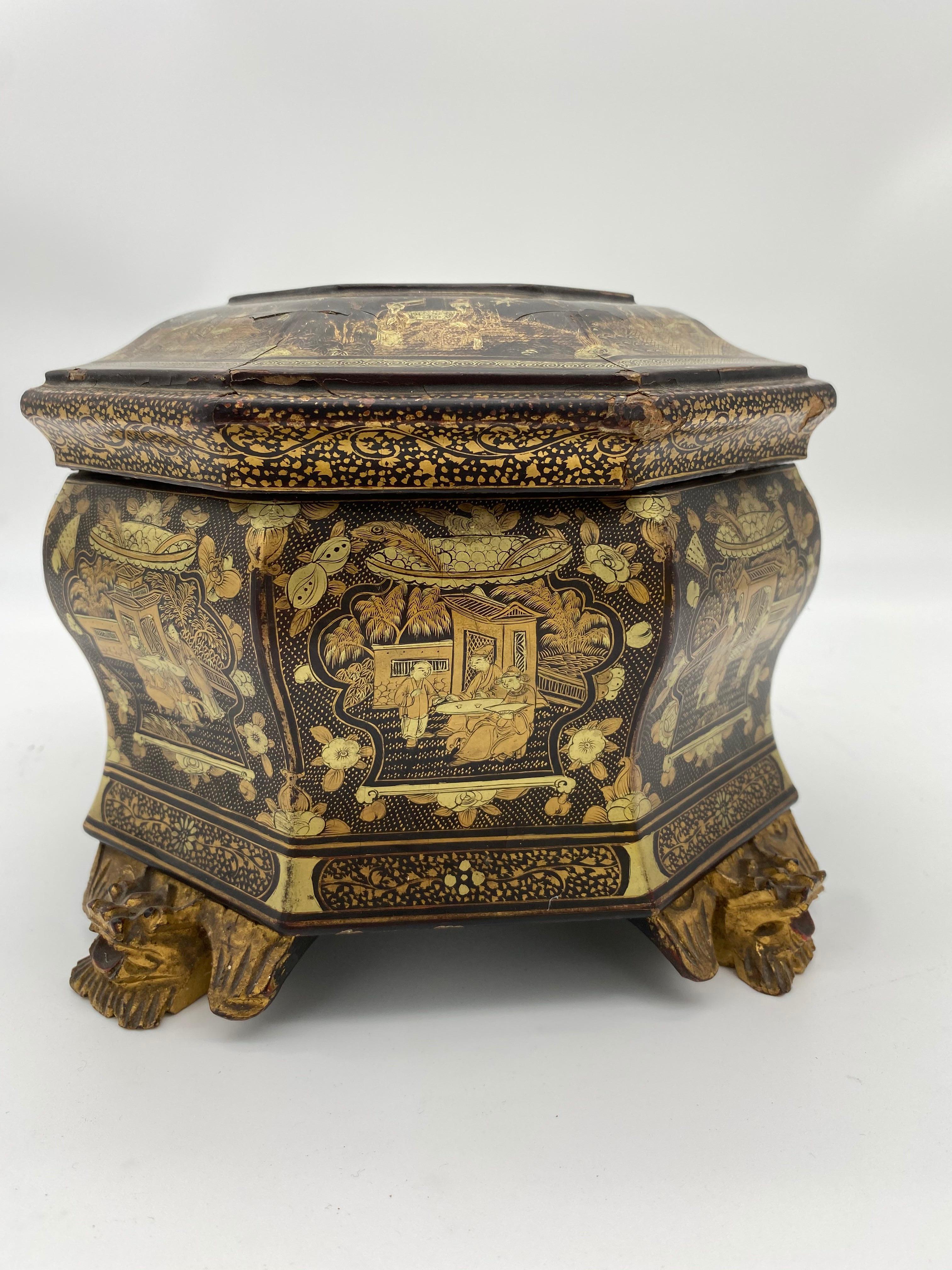 19th Century Hexagonal Black Lacquer Chinese Tea Caddy For Sale at 1stDibs