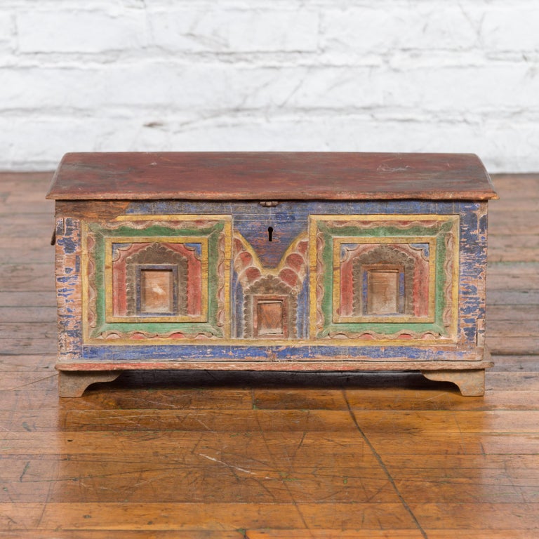 19th Century Indian Hand-Carved and Painted Trunk with Architectural ...
