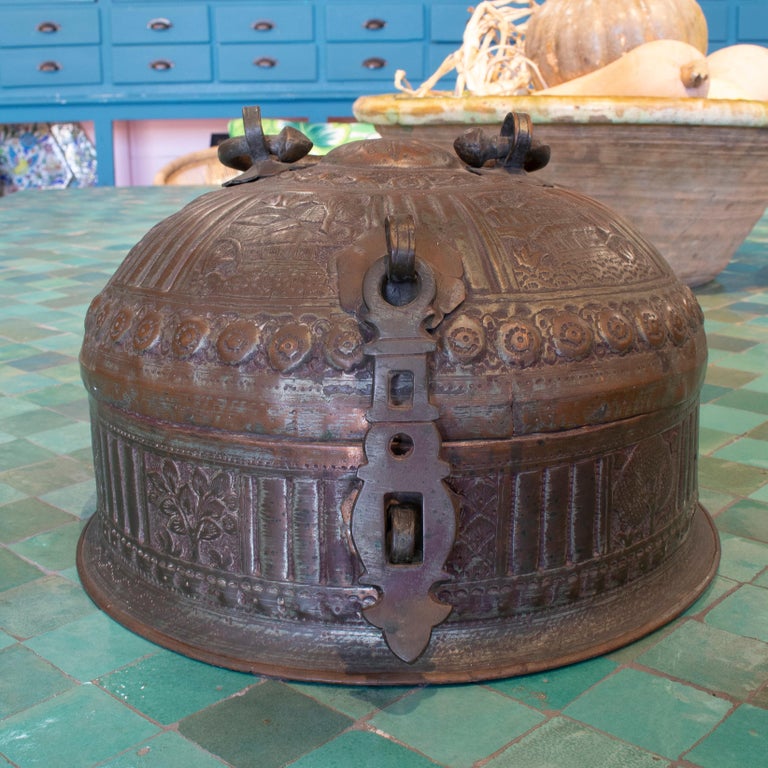 19th Century Indian Mogul Empire Hand Embossed Metal Box w/ Handle For ...