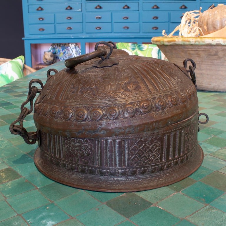 19th Century Indian Mogul Empire Hand Embossed Metal Box w/ Handle For ...