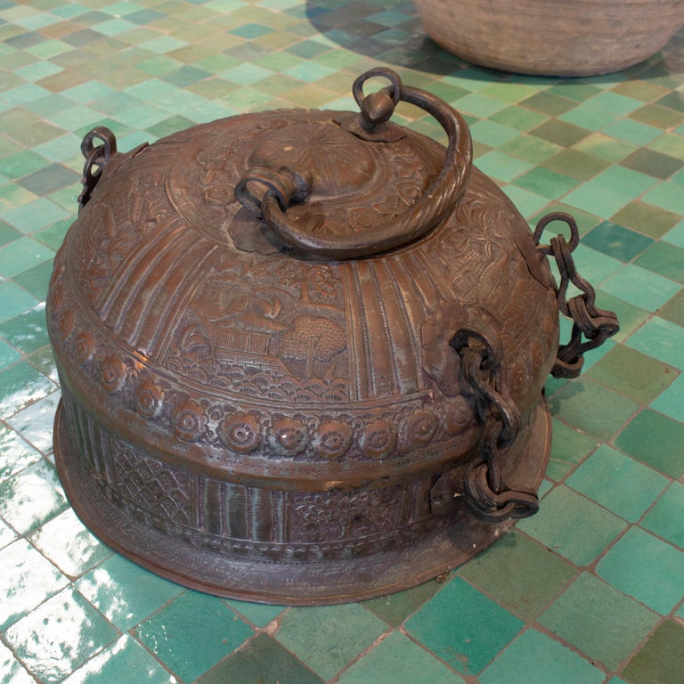 19th Century Indian Mogul Empire Hand Embossed Metal Box w/ Handle For ...