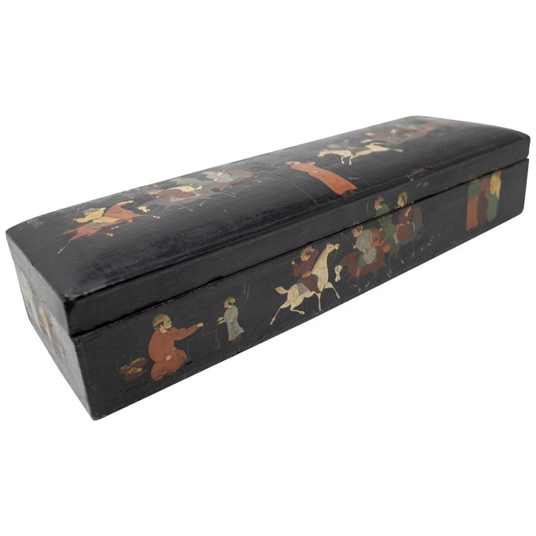 19th Century Indian Mughal Lacquered Box with People and Horses Painted ...