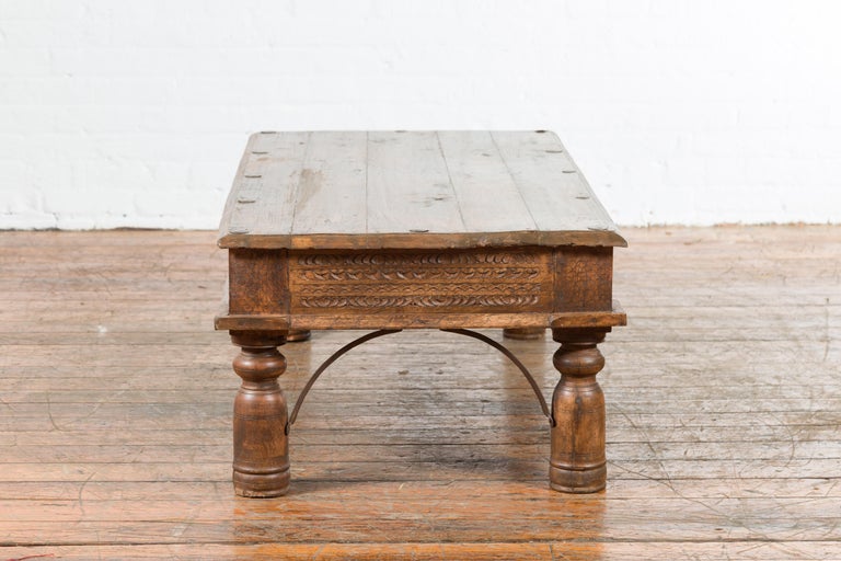 19th Century Indian Rustic Coffee Table with Carved Apron and Iron ...