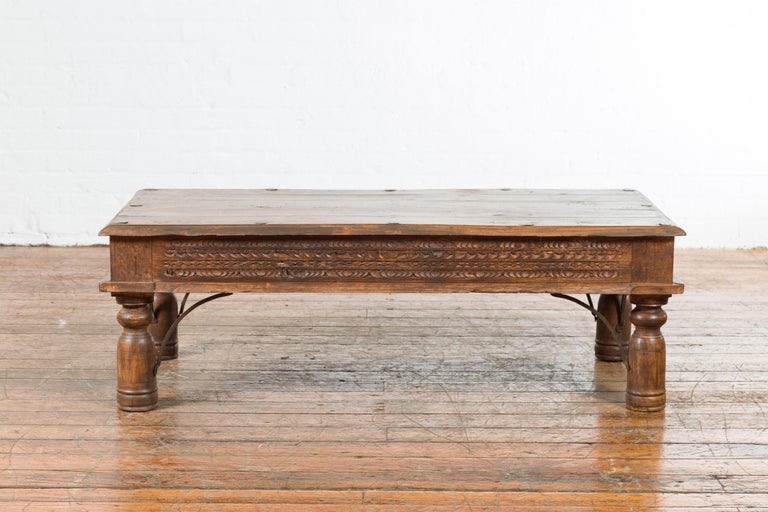 19th Century Indian Rustic Coffee Table with Carved Apron and Iron ...