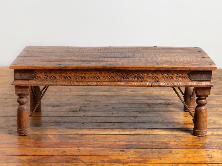 19th Century Indian Rustic Low Coffee Table with Carved Apron and Iron ...