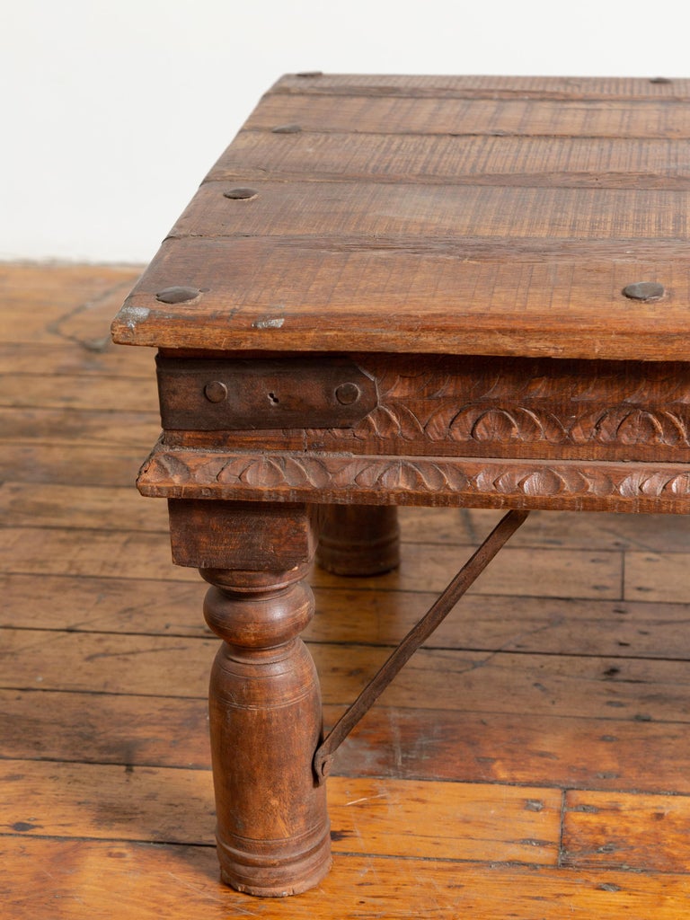 19th Century Indian Rustic Low Coffee Table with Carved Apron and Iron ...