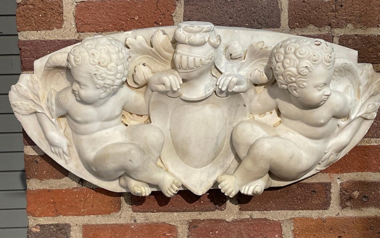 19th Century Italian Carved Carrera Marble Figural Putti Coat of Arms ...