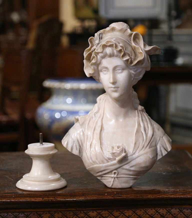 19th Century Italian Carved Marble Lady Bust on Swivel Socle, Signed ...
