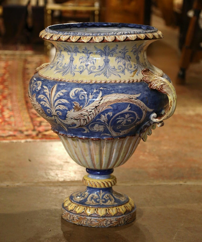 19th Century Italian Hand Painted Faience Cache Pot with Floral Motifs ...