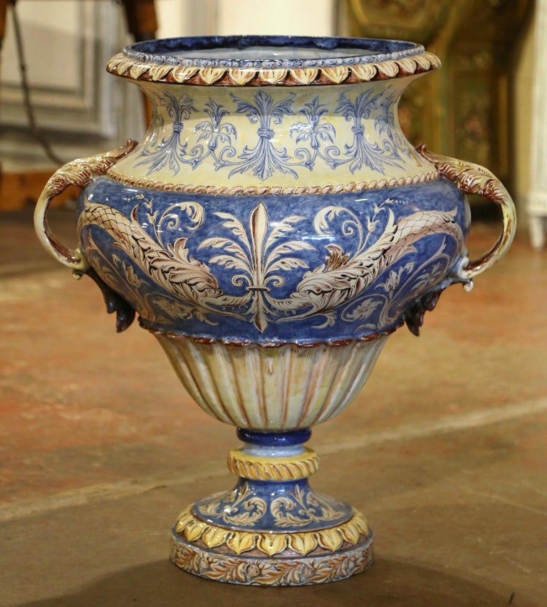 19th Century Italian Hand Painted Faience Cache Pot with Floral Motifs ...
