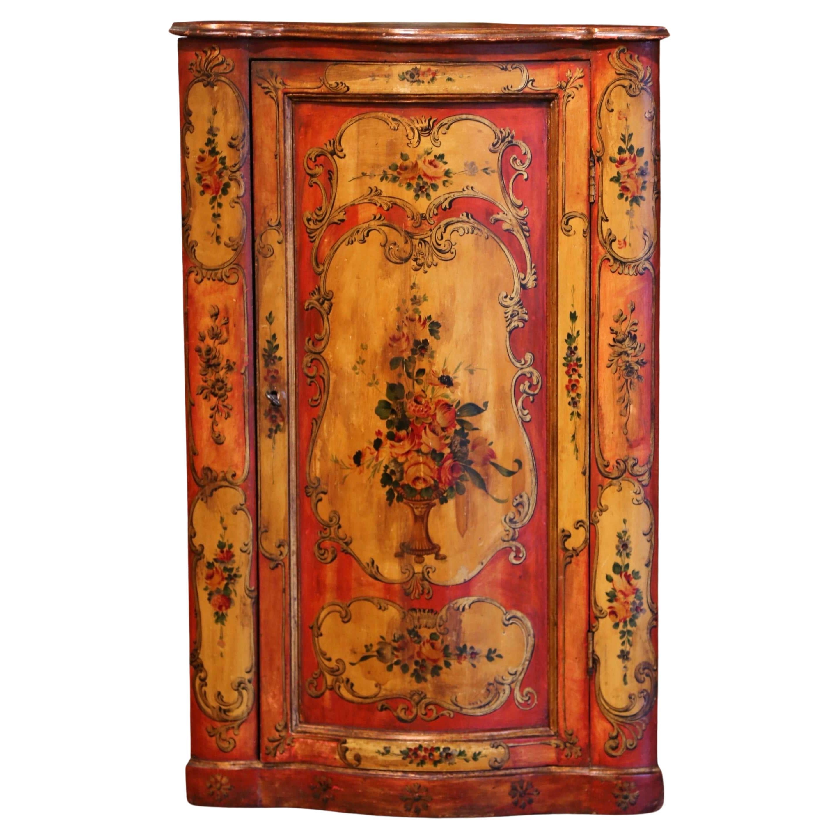 19th Century Italian Painted Bombe Corner Cabinet with Floral Motifs ...