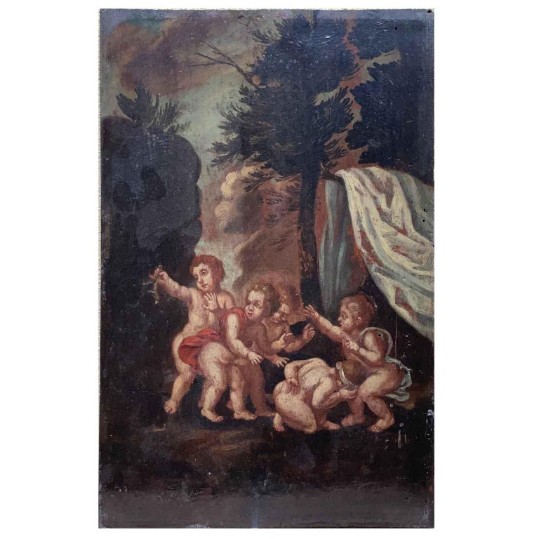 19th Century Italian Pair of Cherub Paintings on Wood Baroque Syle ...