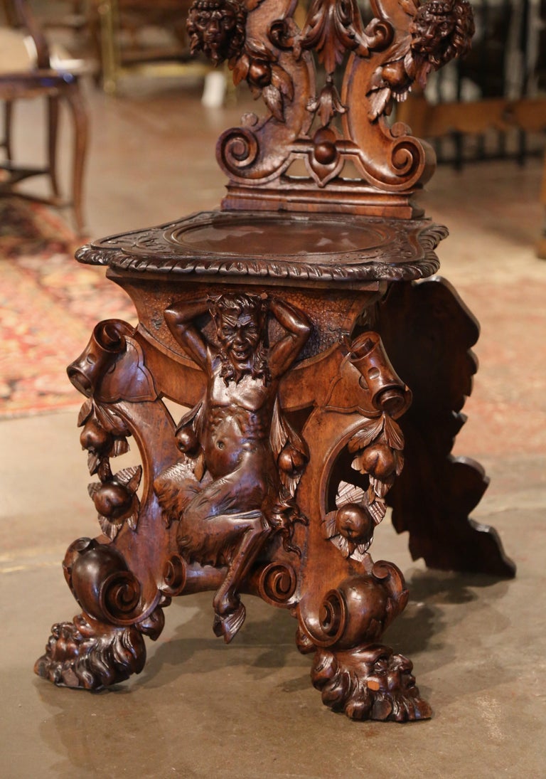 19th Century Italian Renaissance Carved Walnut Sgabello Hall Chair with ...