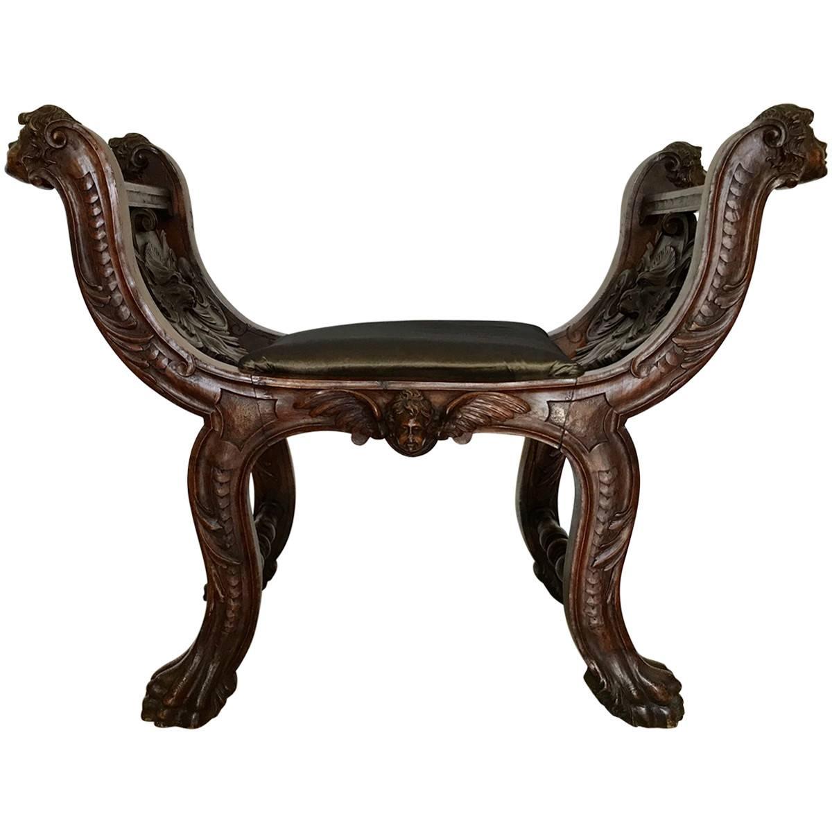 19th Century Italian Renaissance Revival Carved Walnut Curule Stool For ...