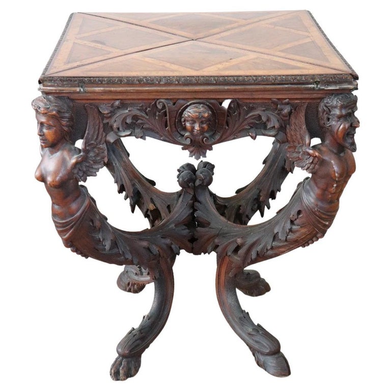 19th Century Italian Renaissance Style Carved Walnut Antique Game Table ...