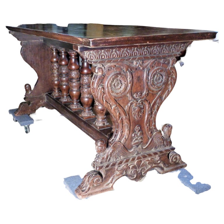 19th Century Italian Renaissance Style Carved Walnut Library Table For ...