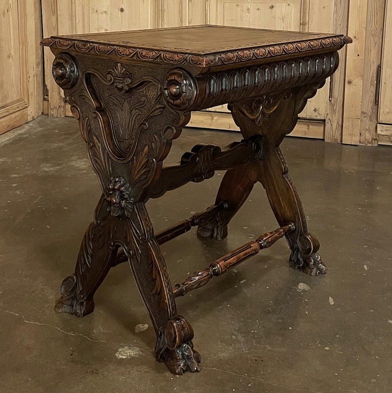 19th Century Italian Renaissance Walnut Leather Top End Table at 1stDibs