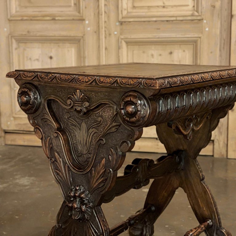 19th Century Italian Renaissance Walnut Leather Top End Table at 1stDibs