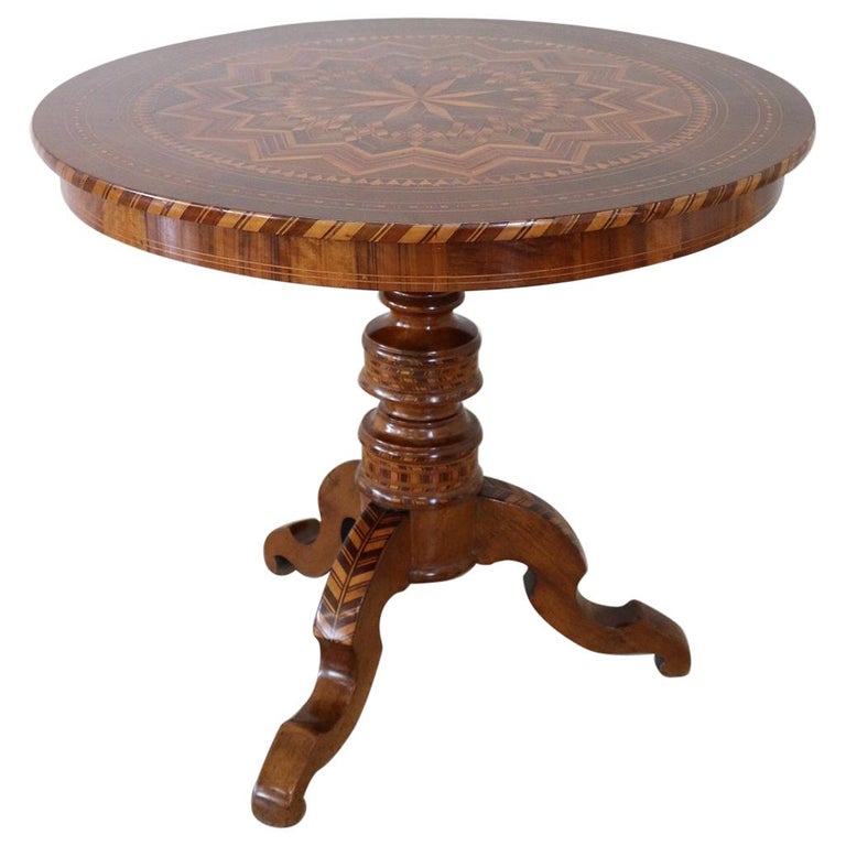 19th Century Italian Walnut Inlay Round Center Table or Pedestal Table ...