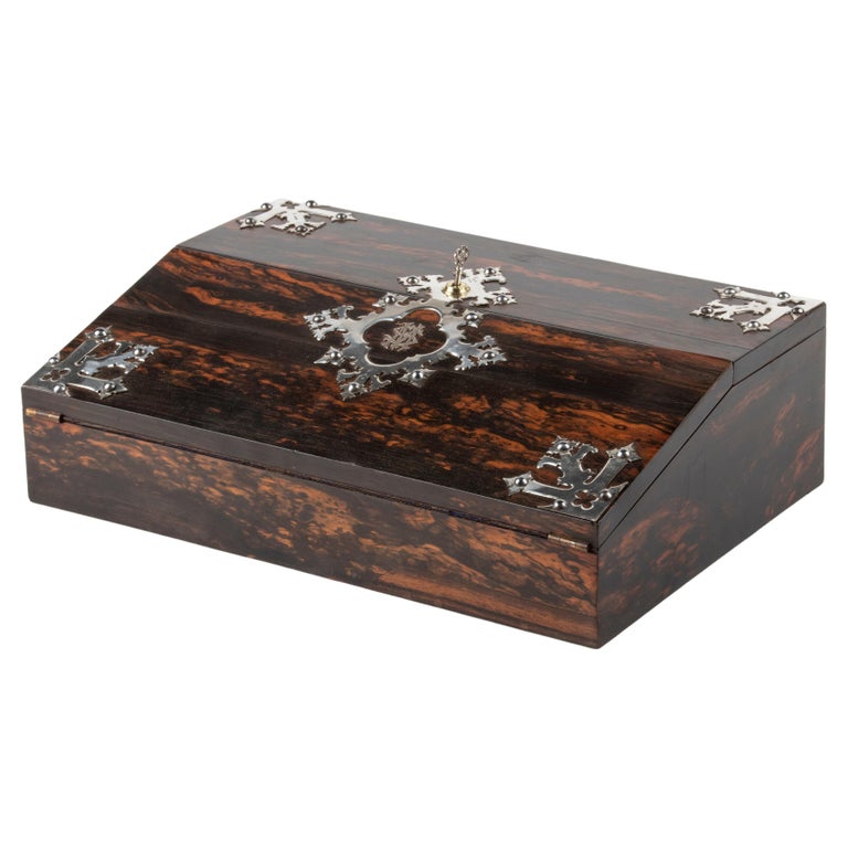 19th Century Italian Writing Box with Macassar Veneer and Silver Mounts ...