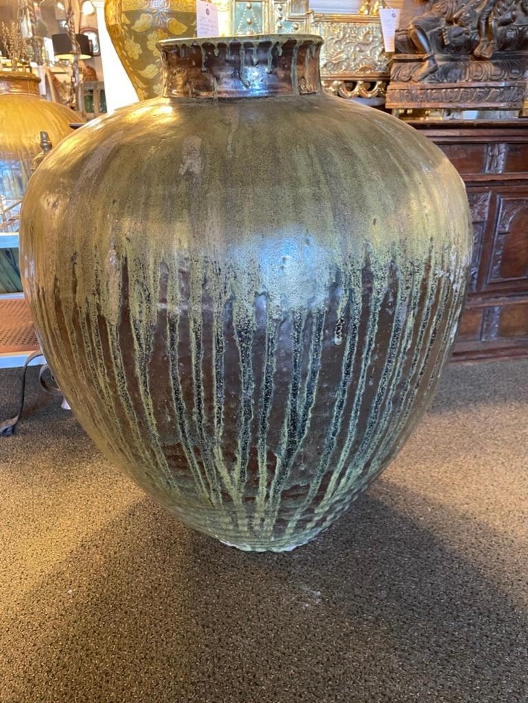 19th Century Japanese Green Glazed Ceramic Storage Jar, Large Scale For ...