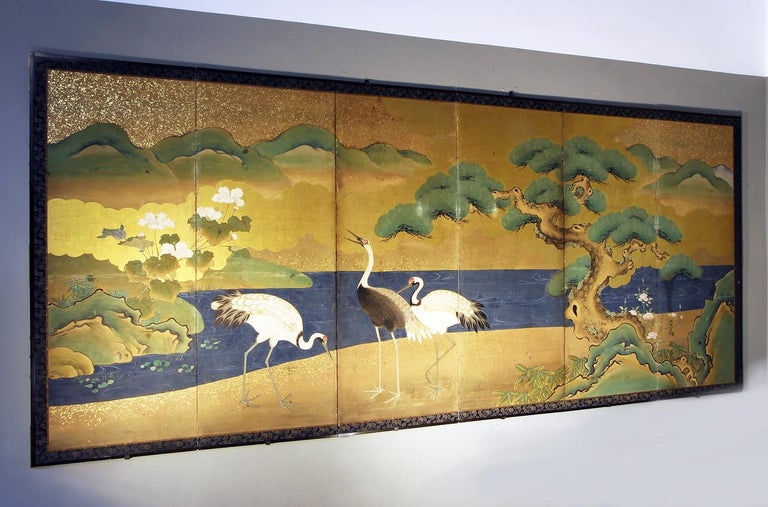 19th Century Japanese Landscape Folding Screen Rice Paper and Gold Leaf ...