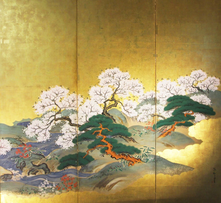 19th Century Japanese Landscape Rinpa School Folding Screen Six Panels ...