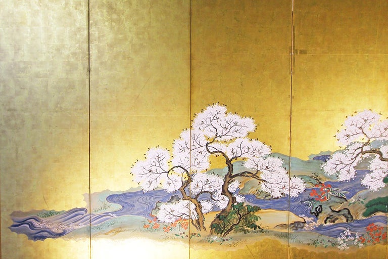 19th Century Japanese Landscape Rinpa School Folding Screen Six Panels ...