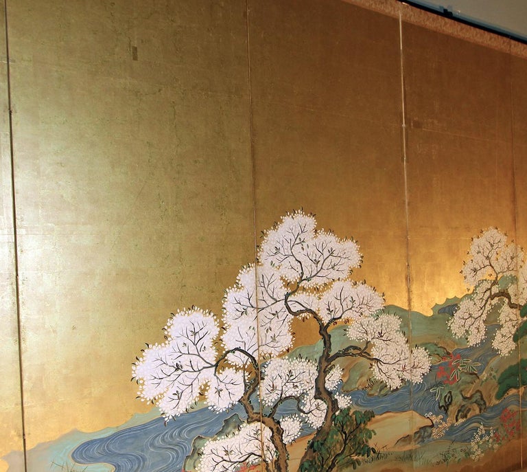 19th Century Japanese Landscape Rinpa School Folding Screen Six Panels ...