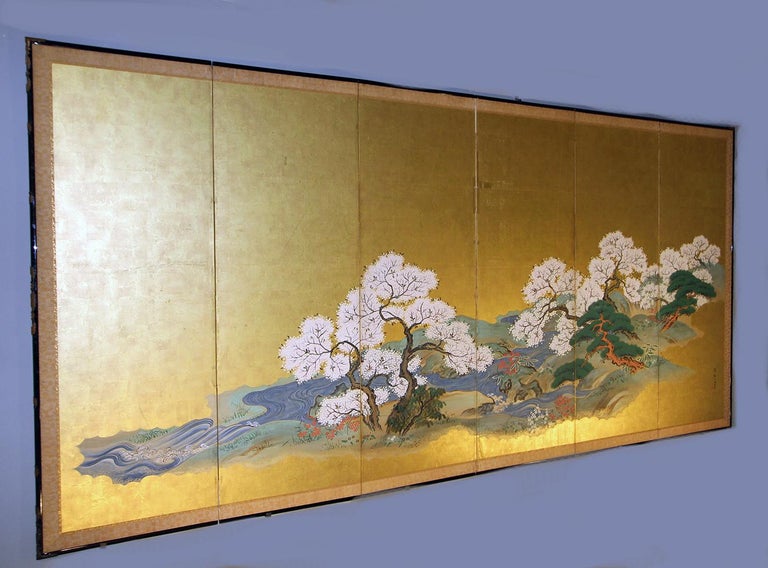 19th Century Japanese Landscape Rinpa School Folding Screen Six Panels ...