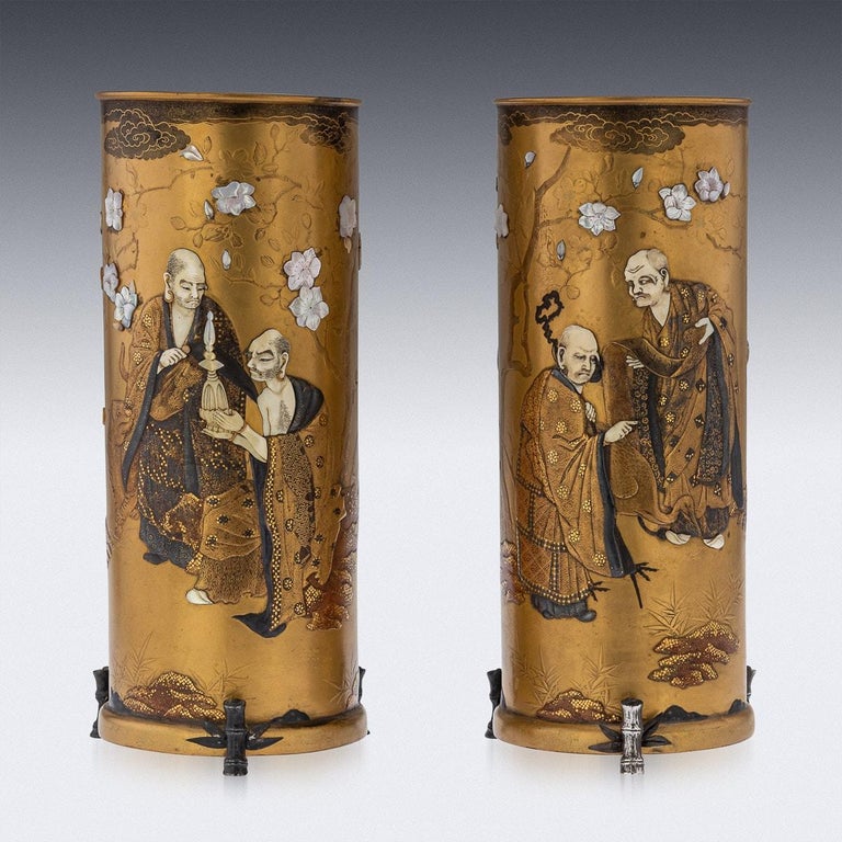 19th Century Japanese Meiji Period Gold Lacquer and Shibayama Vases, c ...