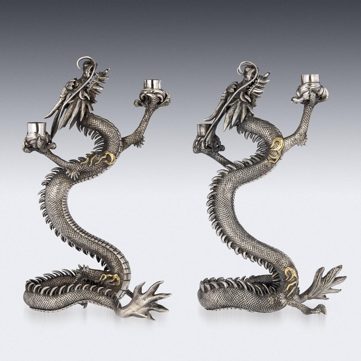 19th Century Japanese Solid Silver Dragon Candelabras, Yoshimune, C ...