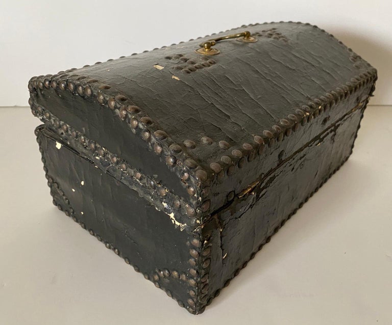 19th Century Leather Covered Box with a Domed Lid, Brass Handle and ...