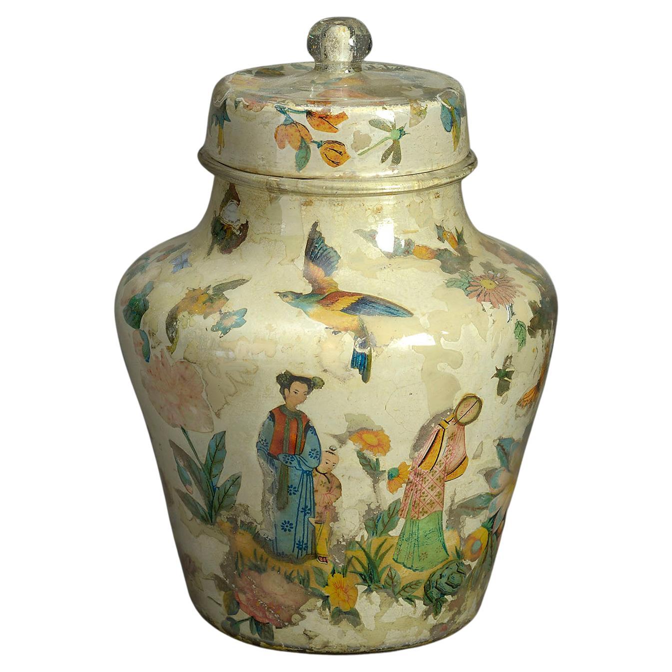 19th Century Blue Ground Decalcomania Vase and Cover For Sale at 1stDibs