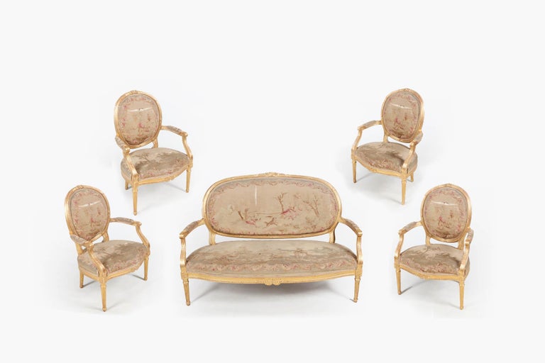 19th Century Louis XVI Style Carved Five Piece Gilt Salon Suite For ...