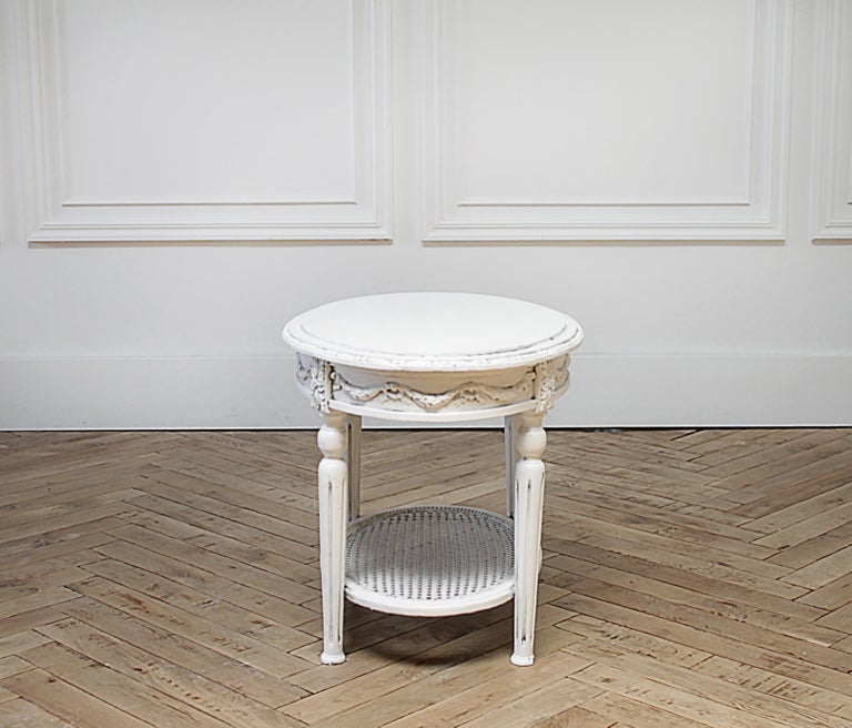 19th Century Louis XVI Style Painted Cane and Marble Side Table with ...